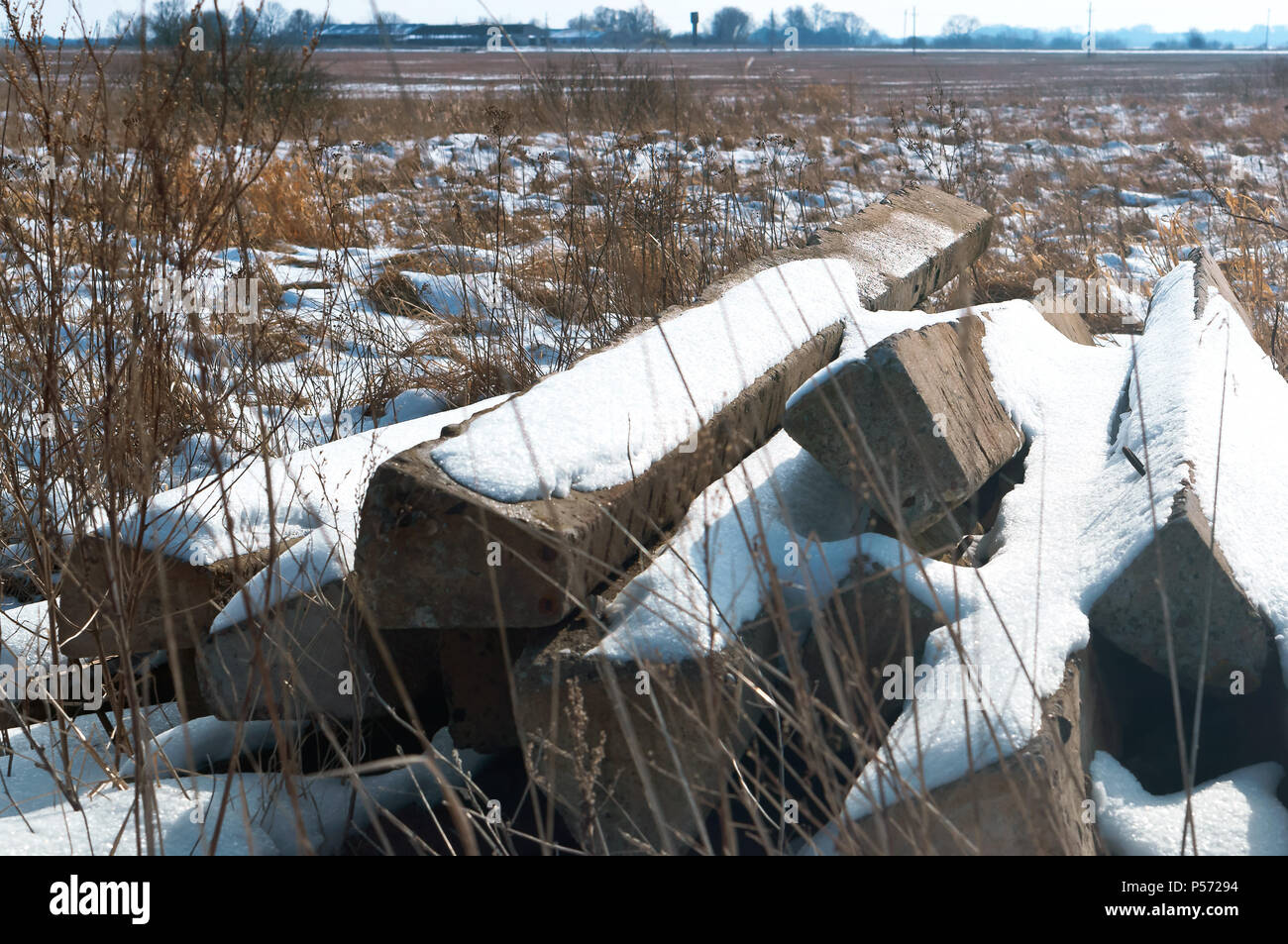 construction waste in the field, the wreckage of concrete slabs in ...