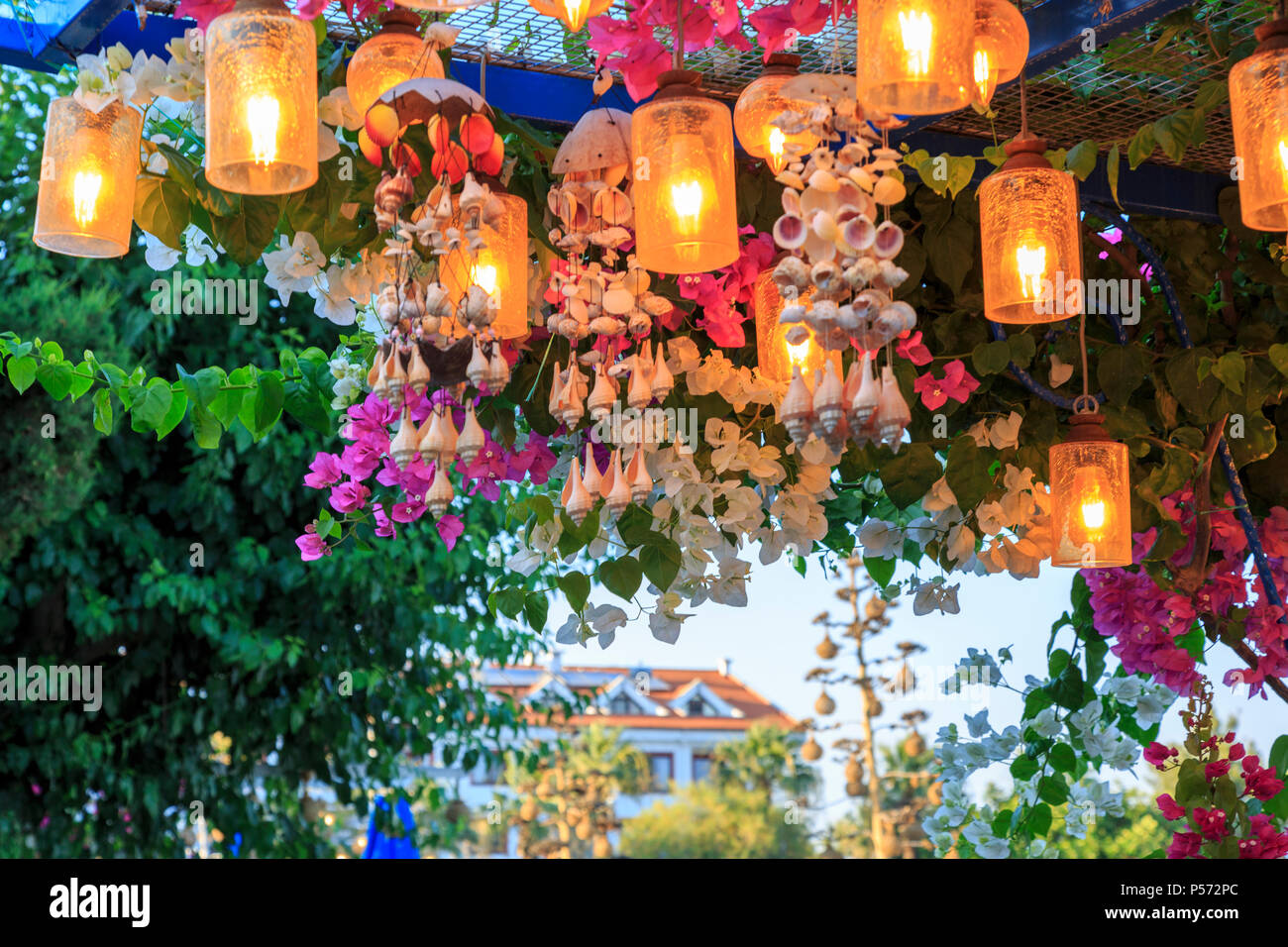 Latern with light under bougainville flowers in Datca, Turkey during ...