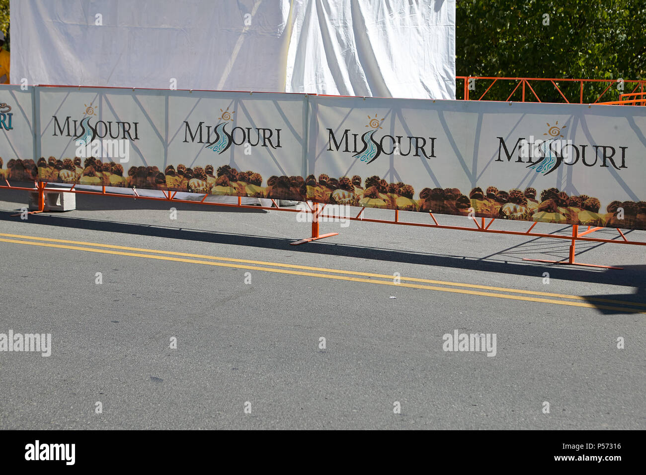 Sponsors advertising signage forming a temporary lane on an empty ...