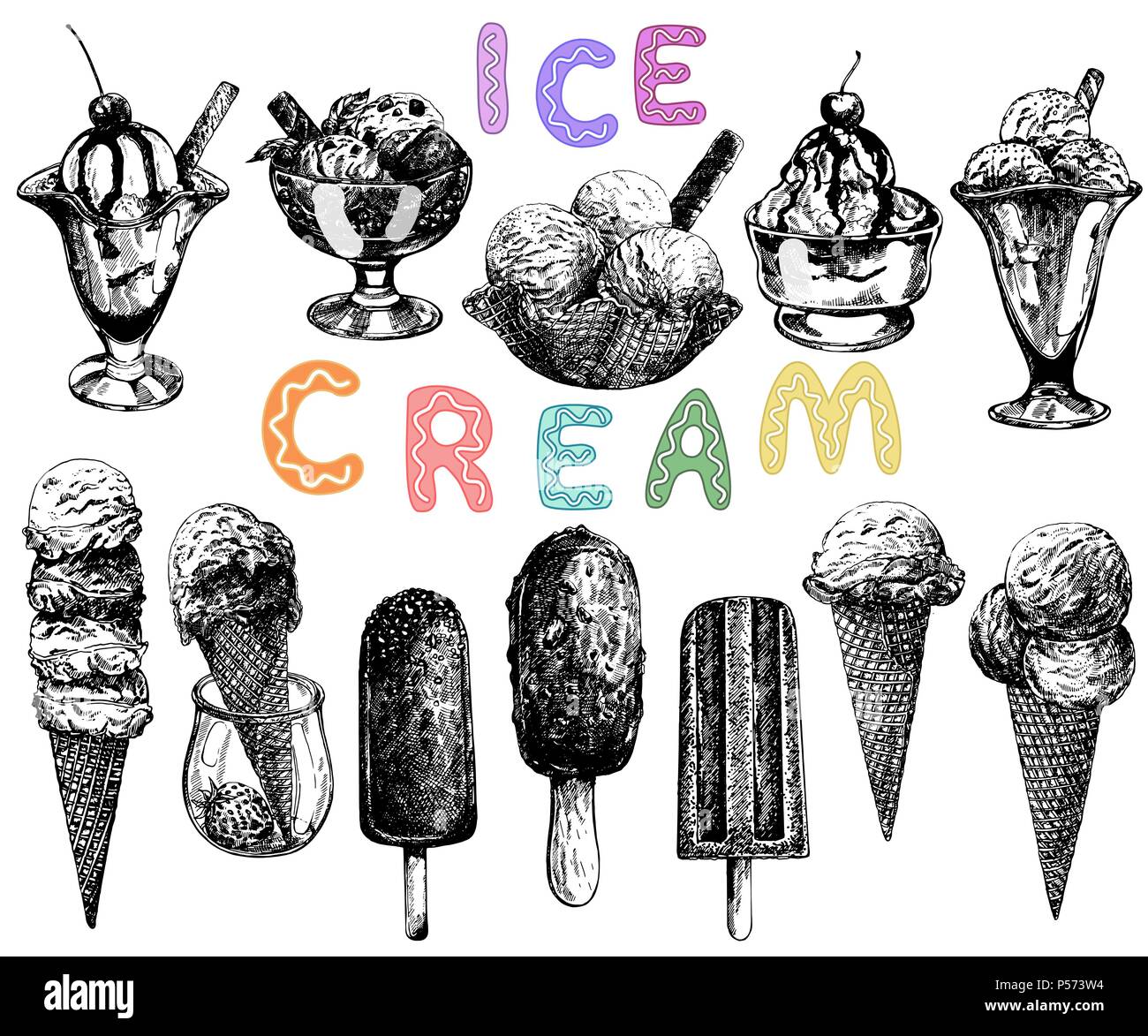 Set of hand drawn sketch style ice cream isolated on white background ...