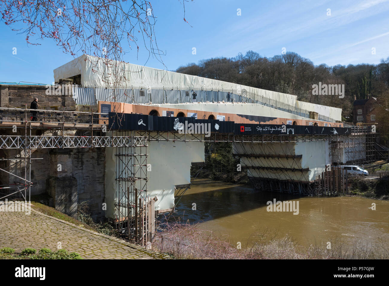The Iron Bridge with temporary walkway during restoration work ...