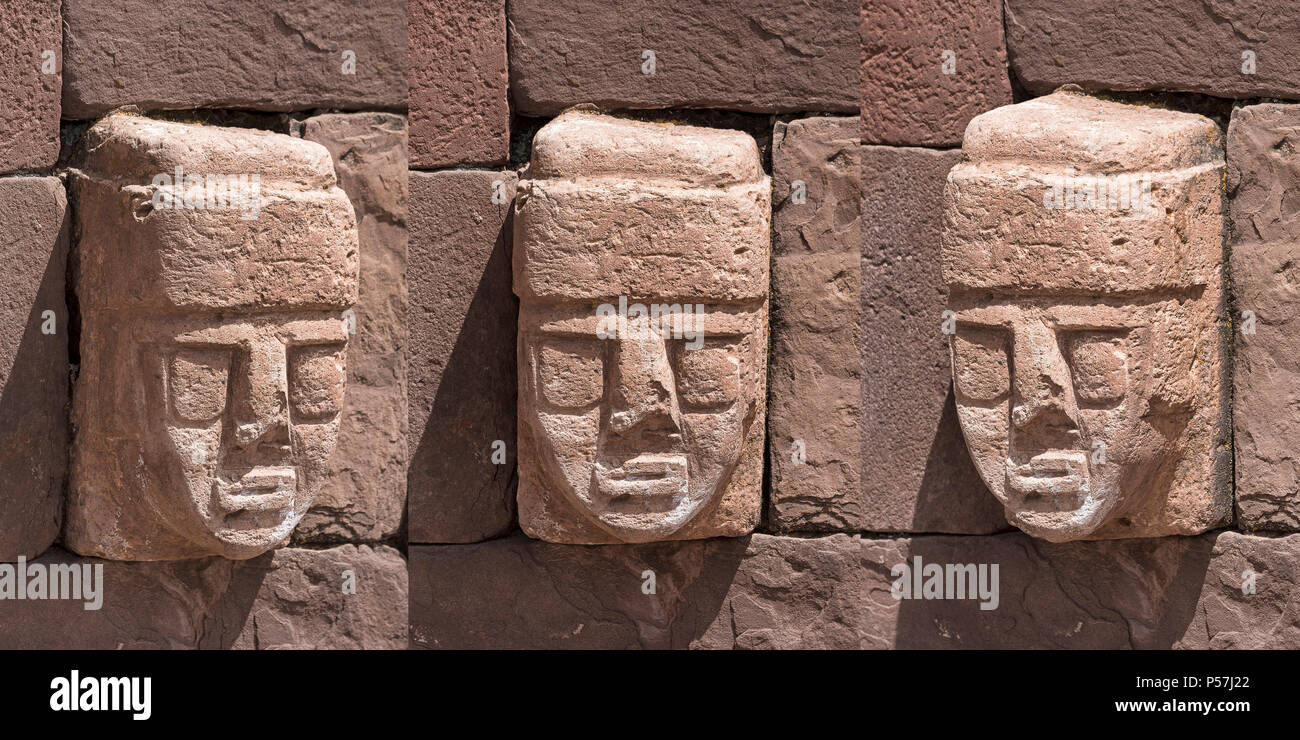 Stone head in Tihuanaku, 3 views, ruins of pre-Inca cultures, Bolivia ...