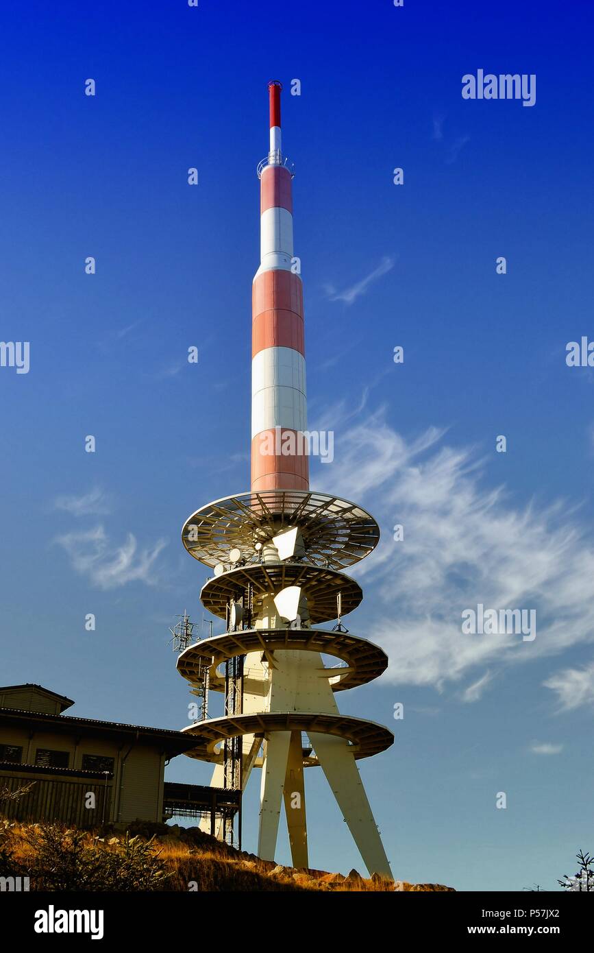 Transmission tower on the summit of Brocken in the Harz National Park ...