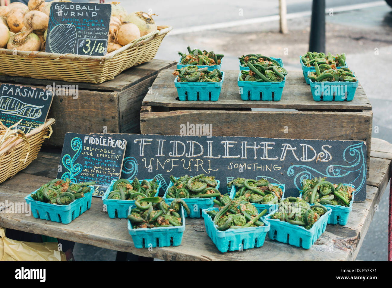 Fiddleheads for sale at farmers market. New York City Stock Photo - Alamy