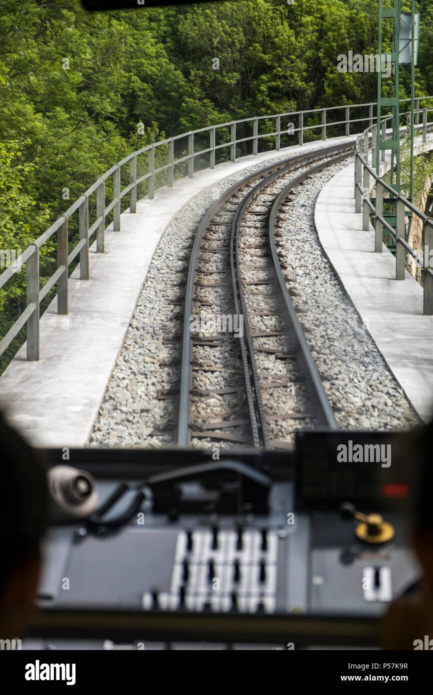 View through the front window of the carriage on the cremellera rack ...