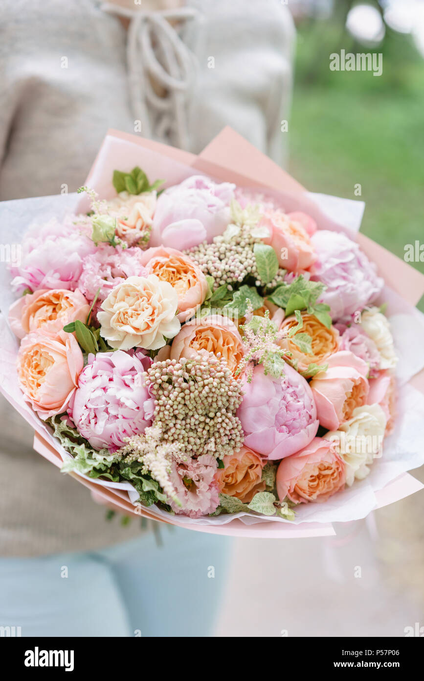 beautiful spring bouquet. flower arrangement with hydrangea and peonies ...
