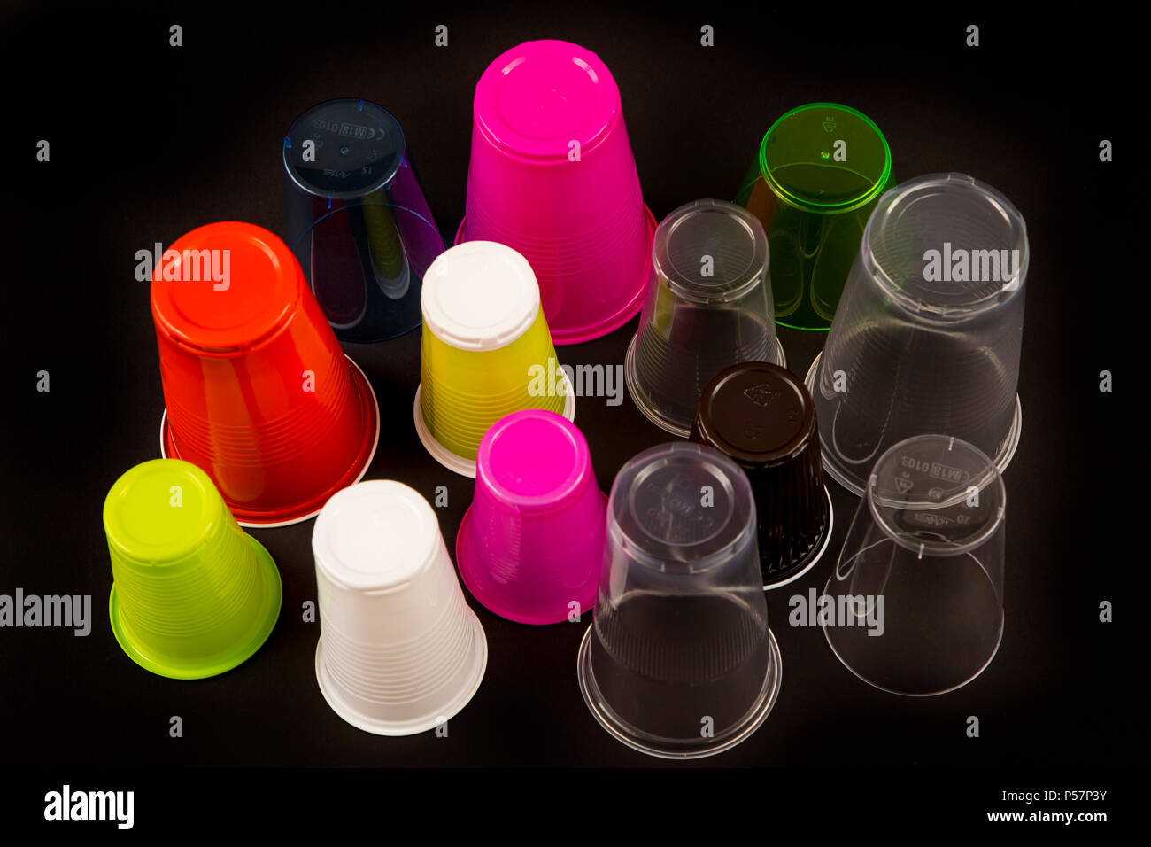 Plastic cups, many different types, shapes, colors, disposable cups ...