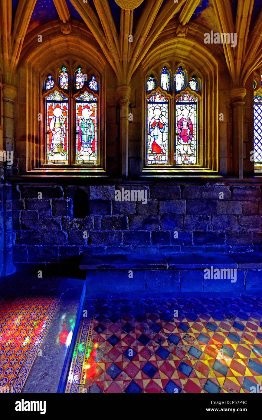 Tynemouth Priory and Castle Chapel internal view and leaded windows ...