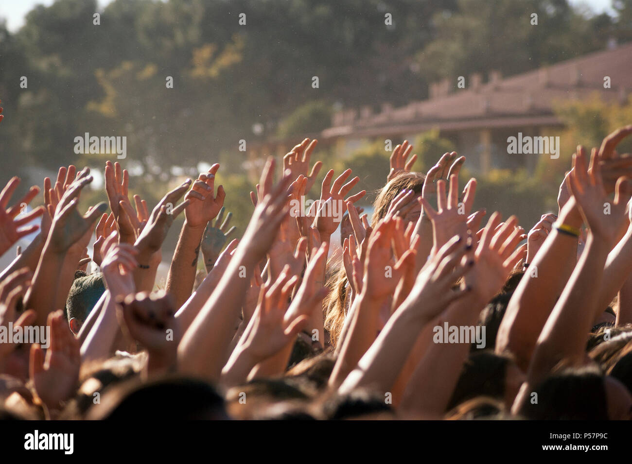 Crowded people hands up at a day time concert Stock Photo - Alamy