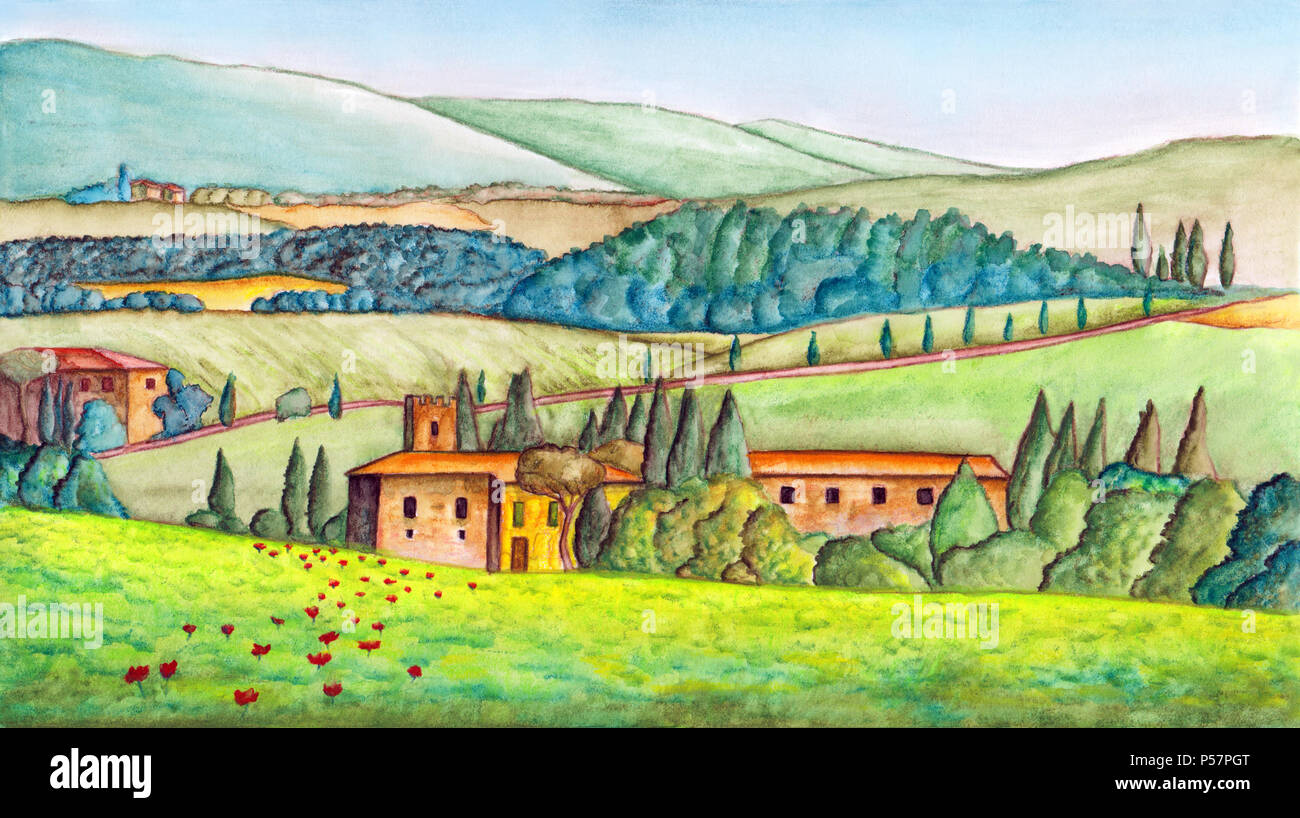 Beautiful italian country landscape, painted in watercolor. Original ...