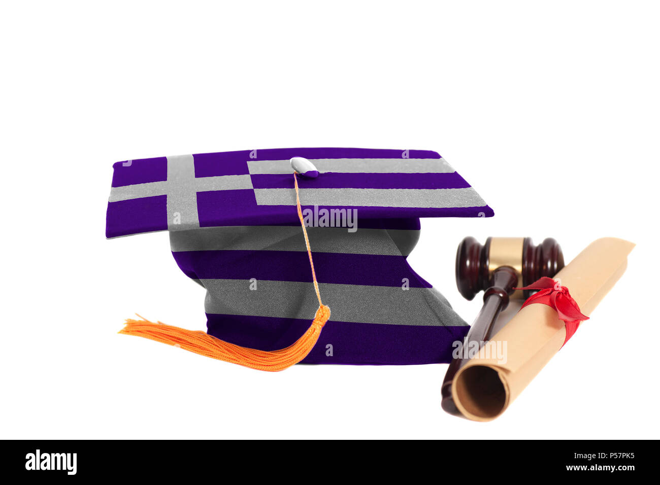 Graduation Hat with Flag of Greece with Diploma and Judge Gavel ...