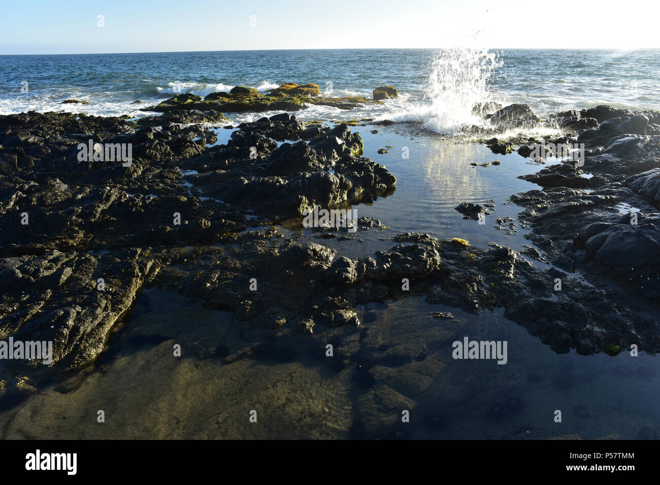 splashing wave of pacific reflected in calm tidal pool amid rocks Stock ...