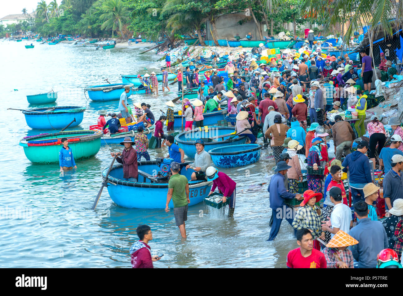 Market early fishing village when people busy buying selling fish ...