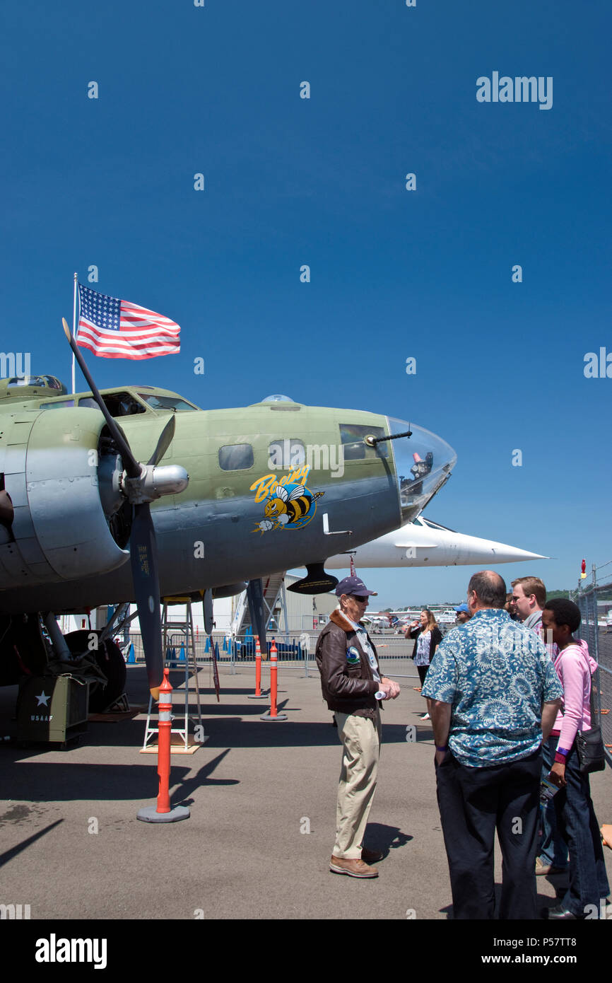 A docent describes the Boeing B-17 "Boeing Bee" World War Two bomber ...