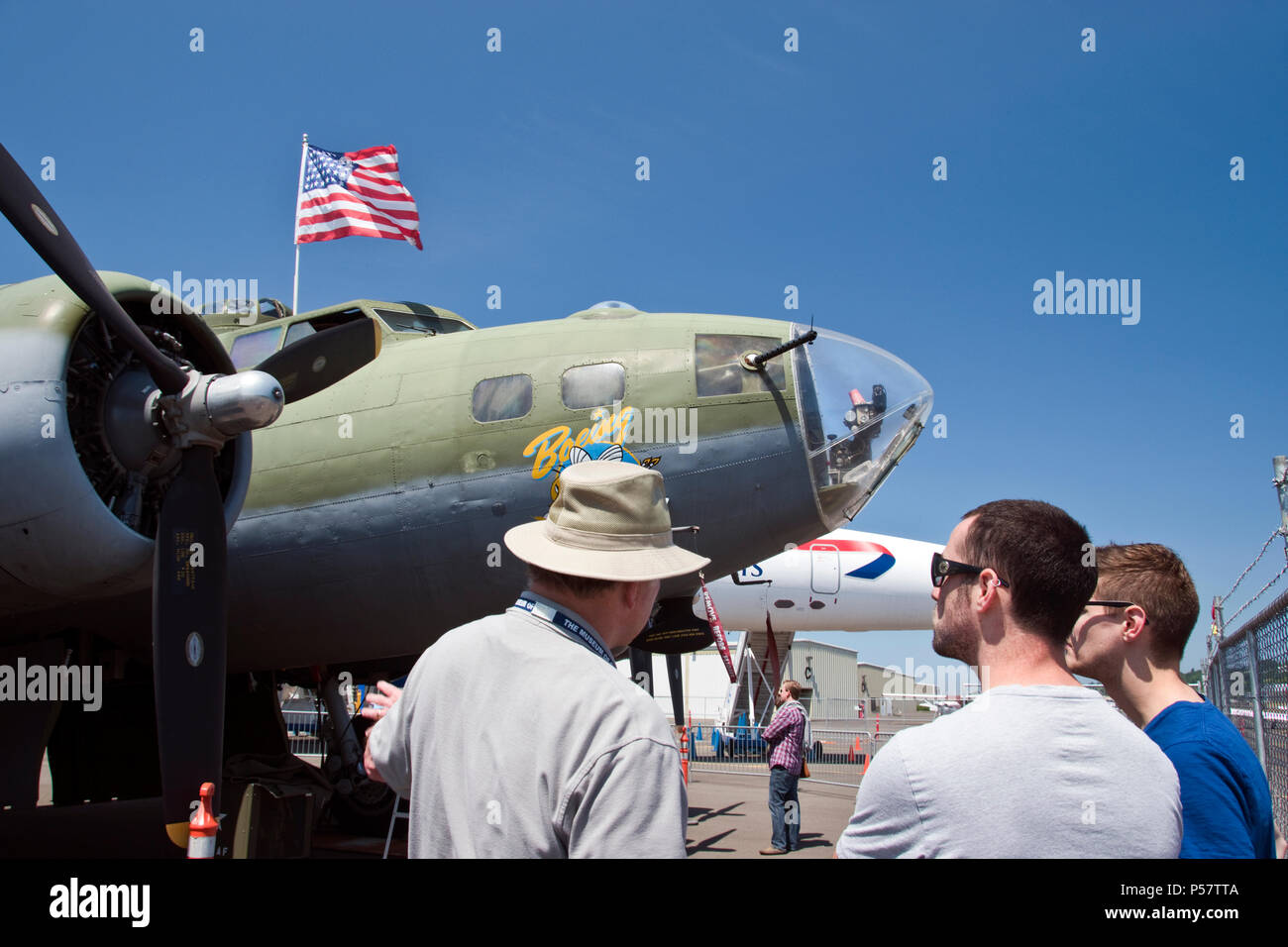 A docent describes the Boeing B-17 "Boeing Bee" World War Two bomber ...