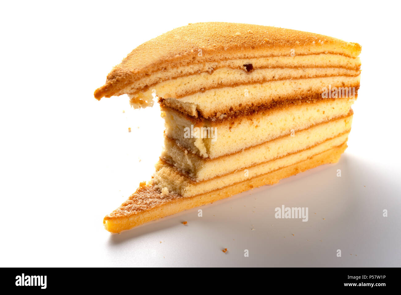 homemade sandwich shape sponge cage with a bite at bottom on white ...