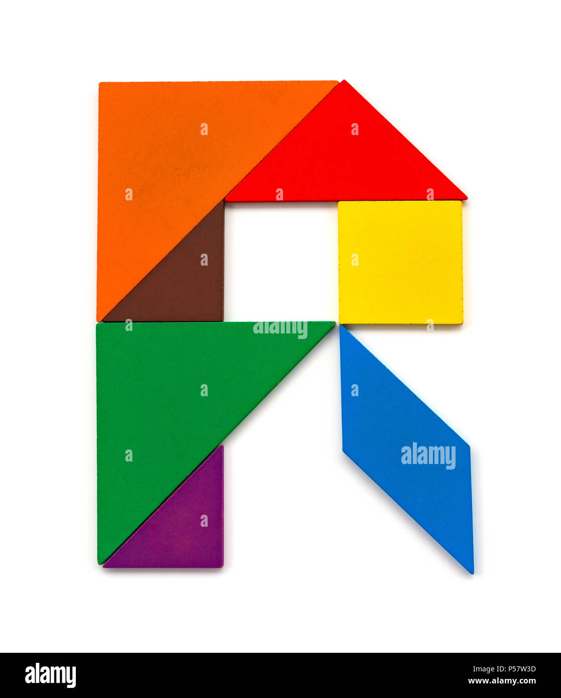 tangram shaped like a letter R on white background Stock Photo - Alamy
