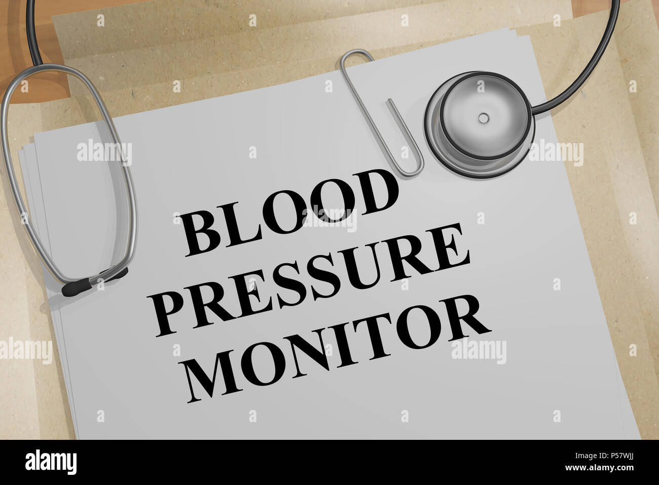 3D illustration of BLOOD PRESSURE MONITOR title on a medical document ...