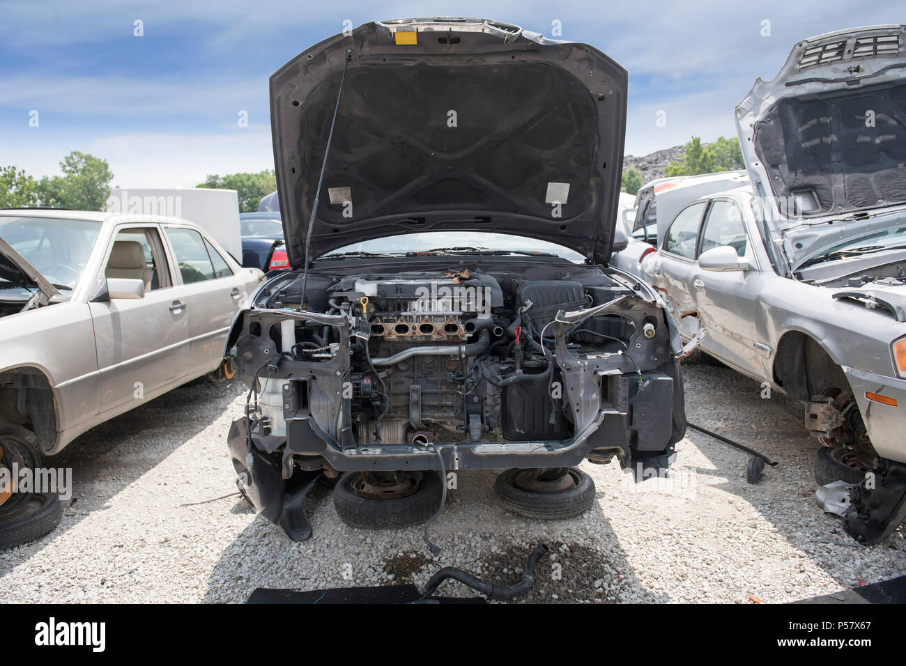 The engine compartment of a wrecked car reveals missing parts ...