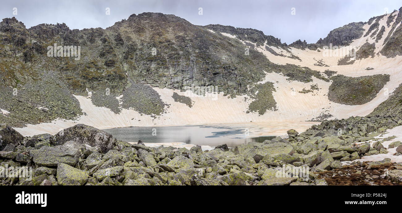 Panorama of alien landscape on Rila mountain and Frozen lake at the ...