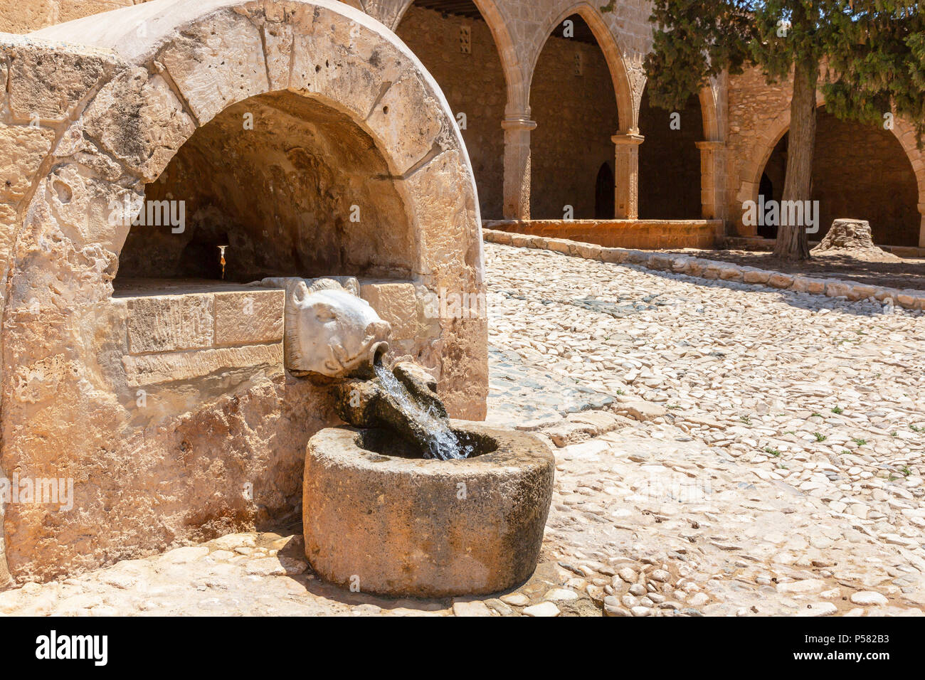 Fresh water well running through a wild boar statue into a stone basin ...