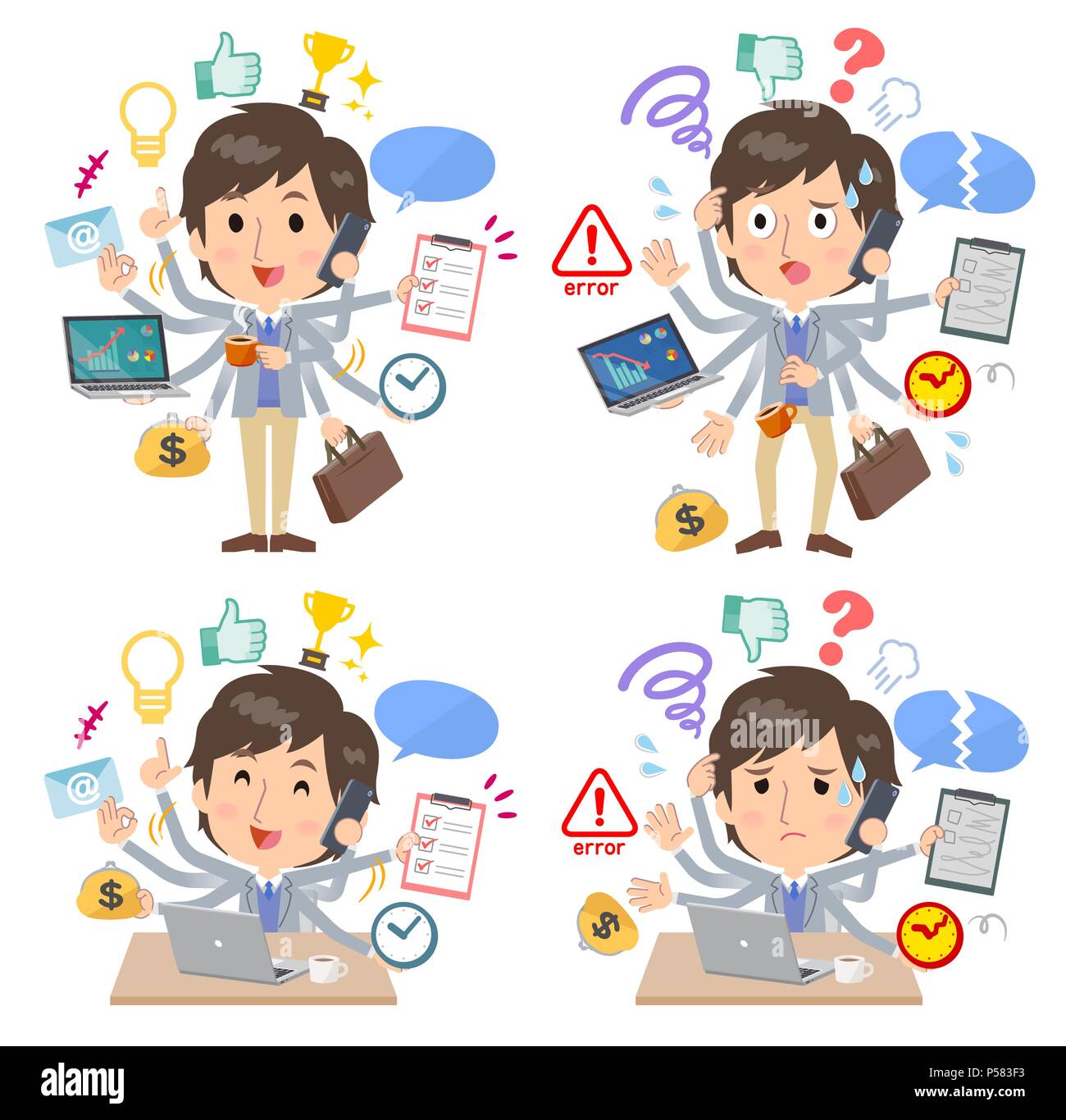 A set of men who perform multitasking in the office.There are things to ...