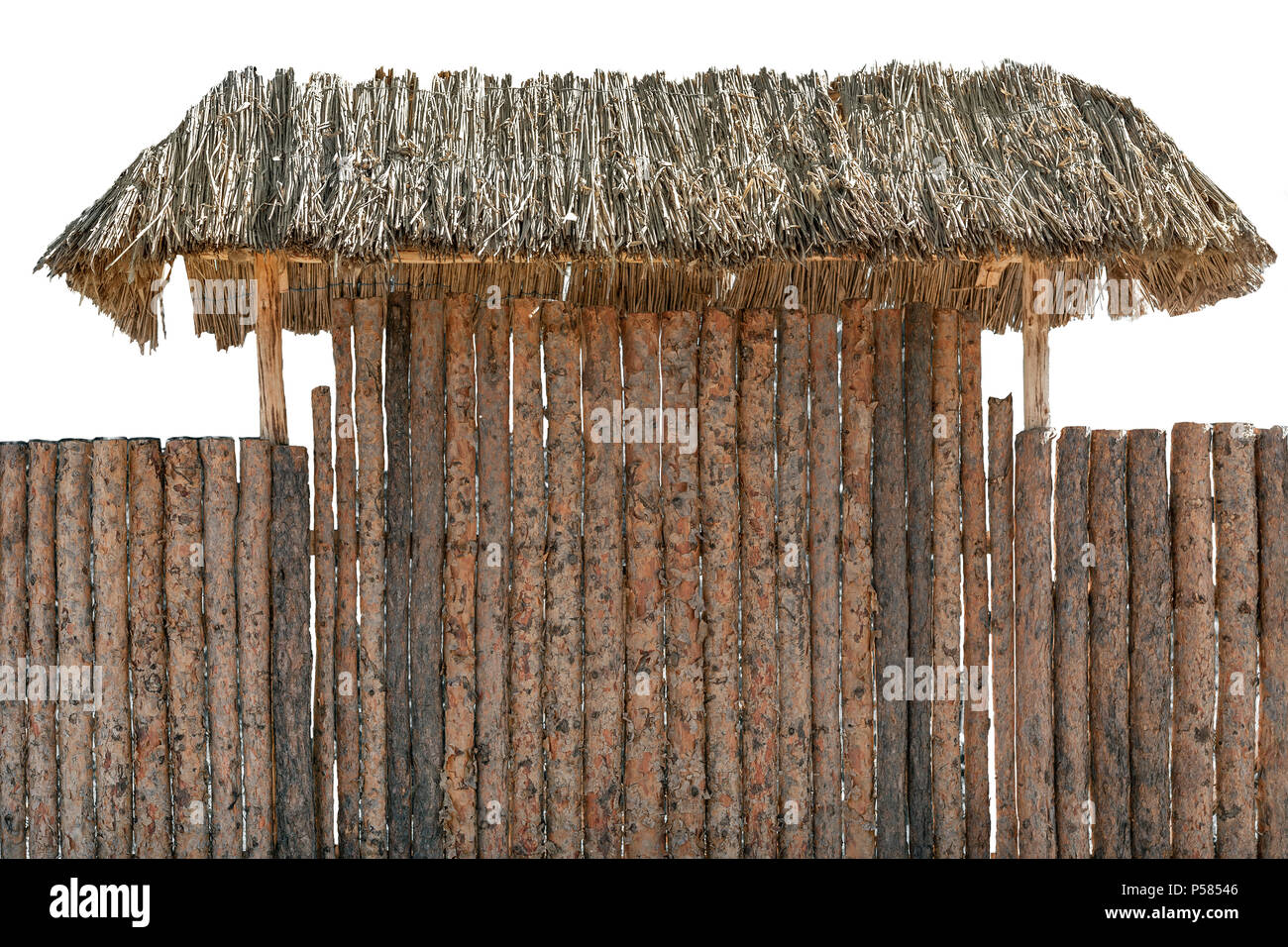 Round timber wooden log fence isolated on white. Hay roof or awning ...