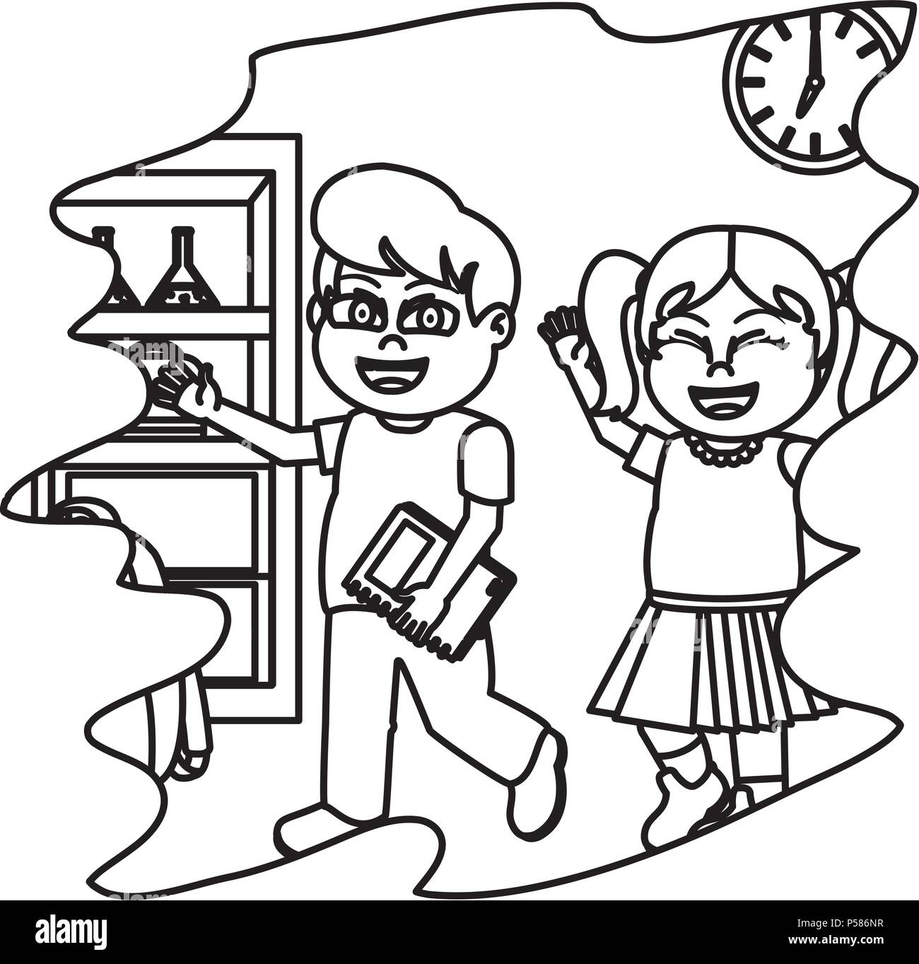 line happy children students with book in the classroom vector ...