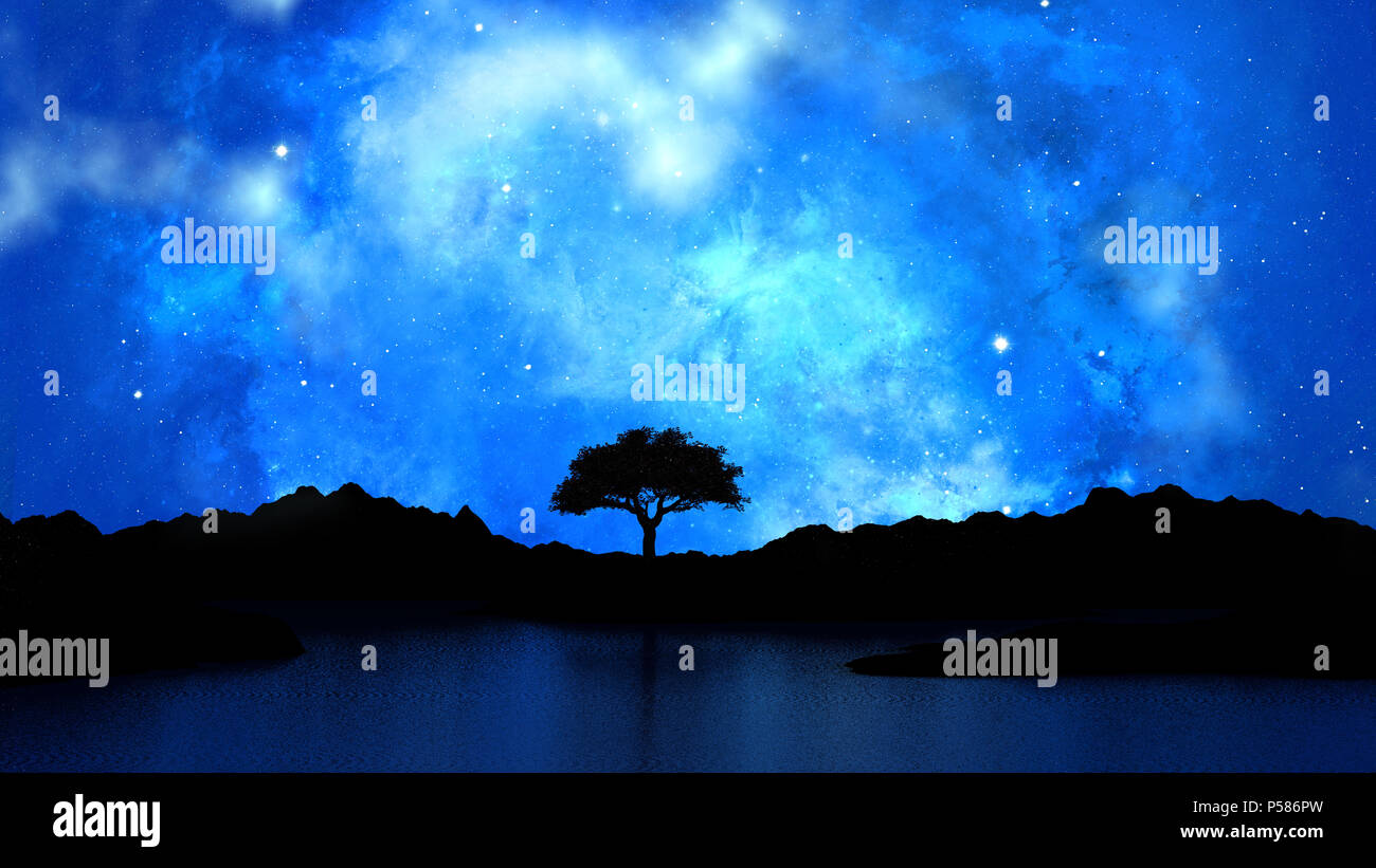 3D render of a tree silhouetted against a starry night sky Stock Photo ...