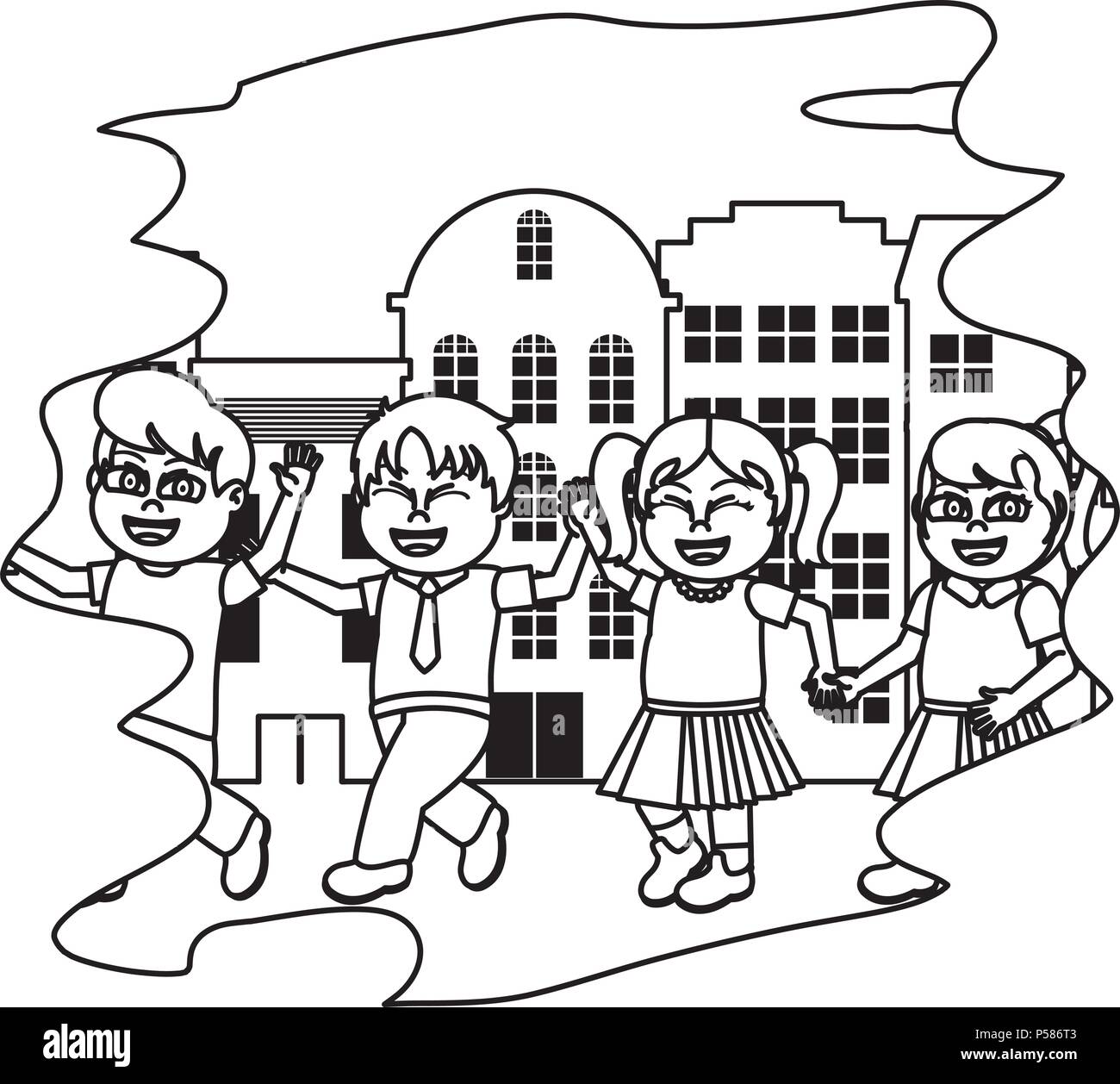 line cute children students together in the school vector illustration ...