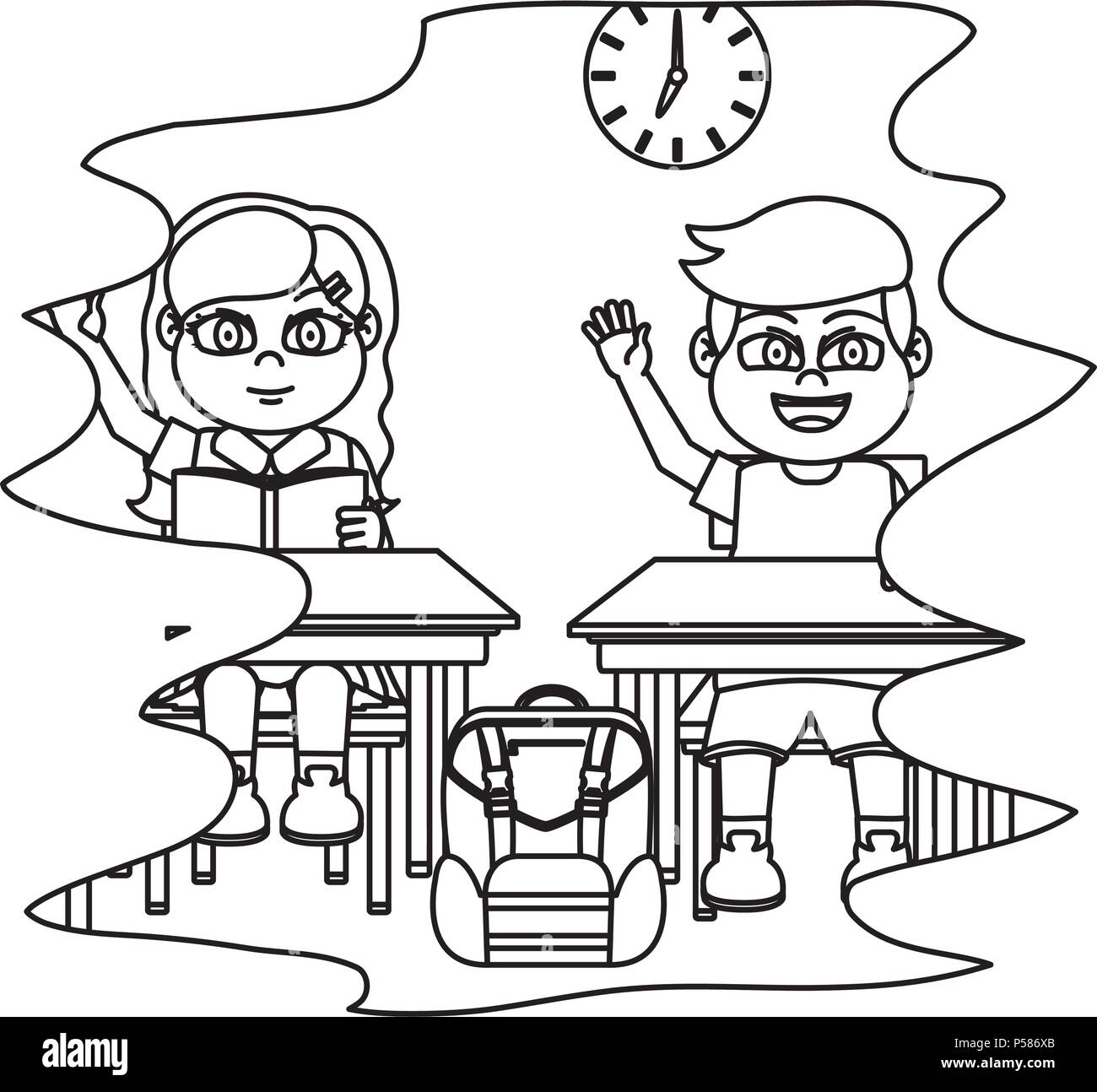 line children in the classroom sitting wood desk vector illustration ...