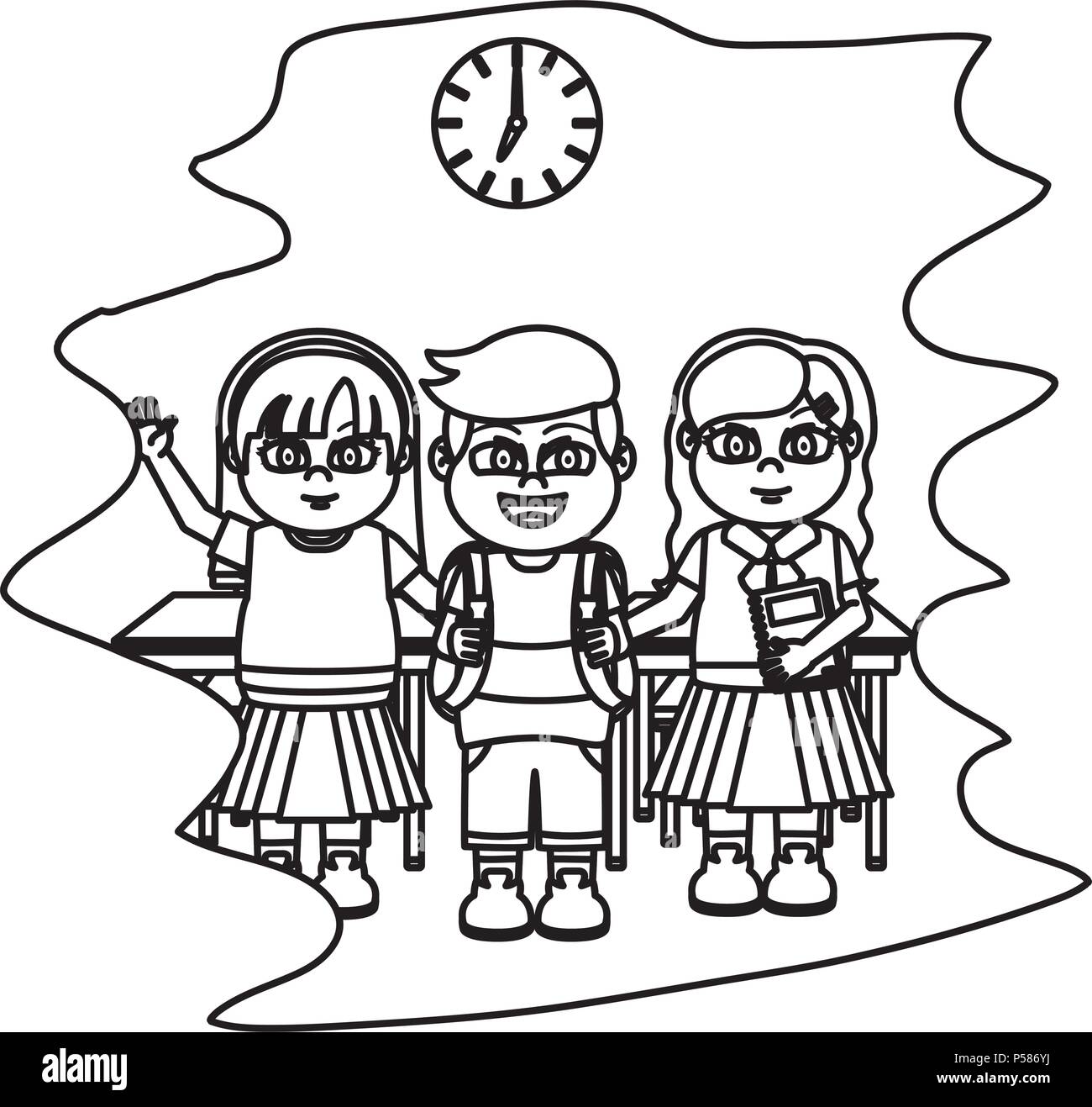 line happy students with school utensils in the classroom vector ...