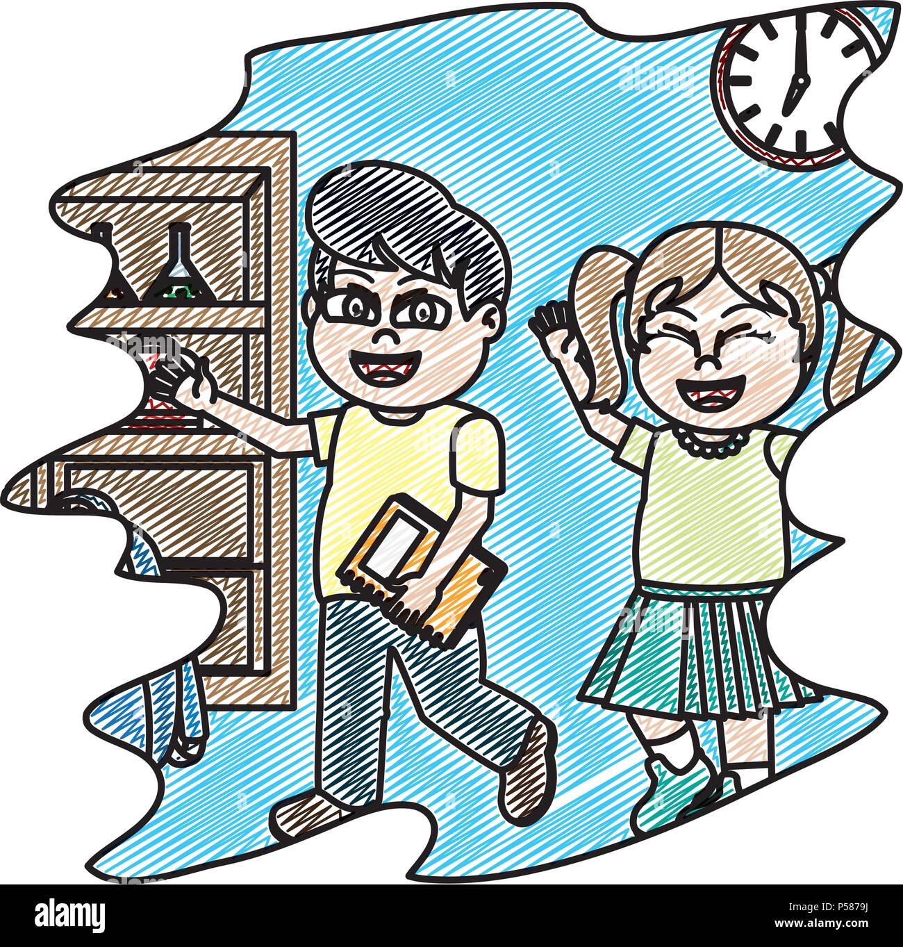 doodle happy children students with book in the classroom vector ...