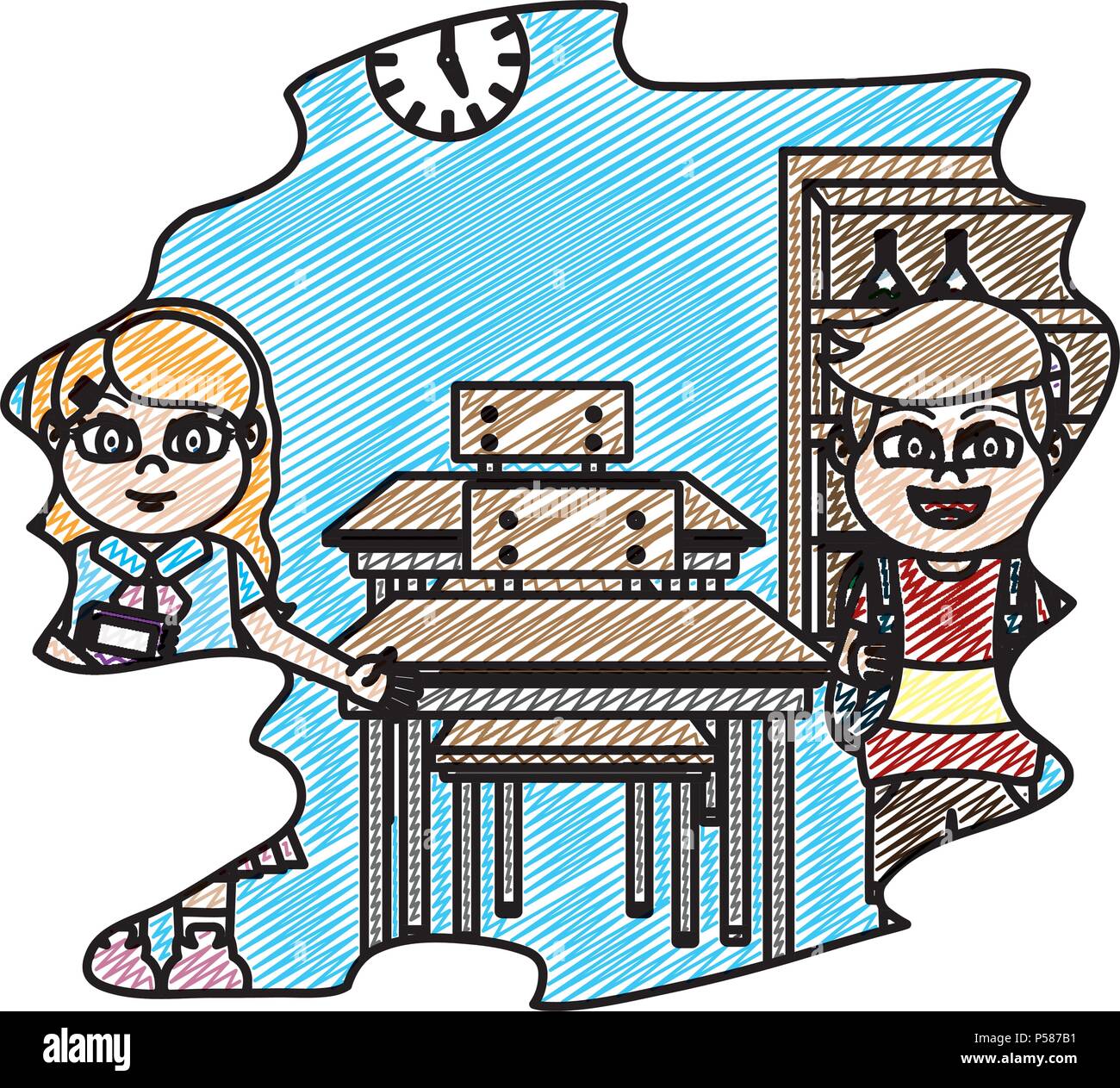 doodle happy students sitting desk in the classroom vector illustration ...