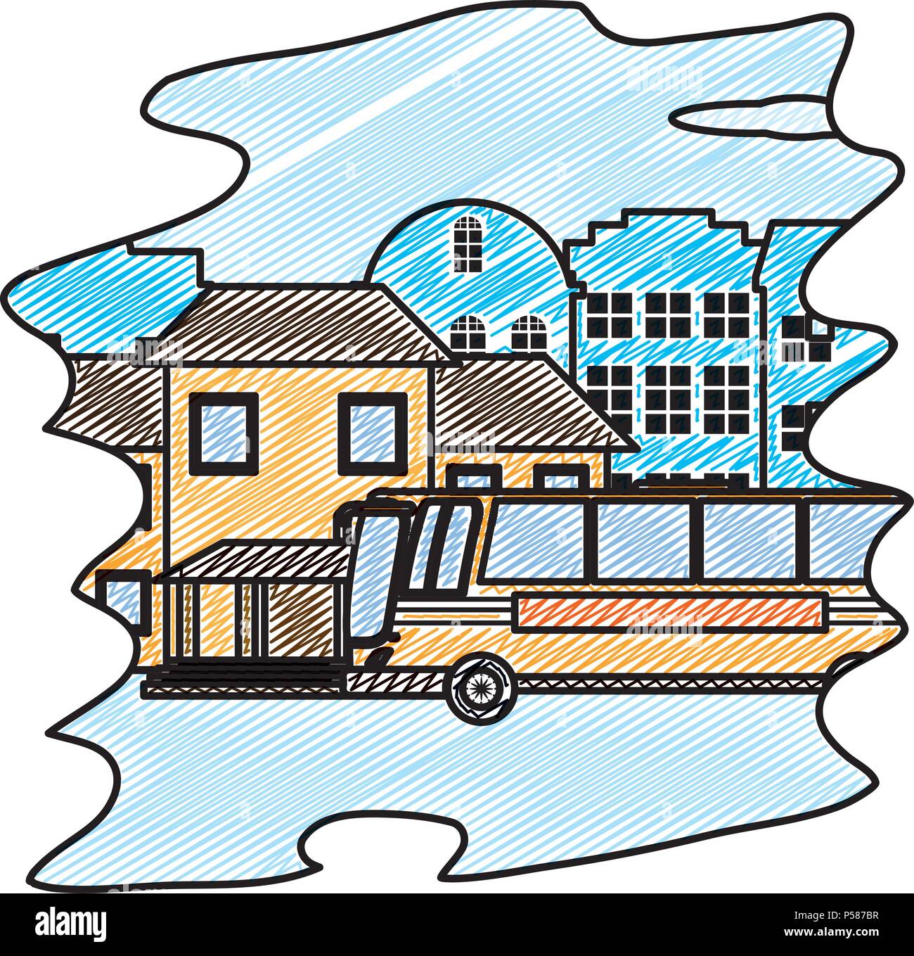 doodle bus school transportation with city house vector illustration ...