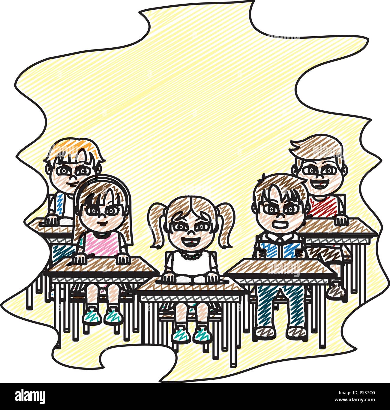 doodle students sitting school desk in the classroom vector ...