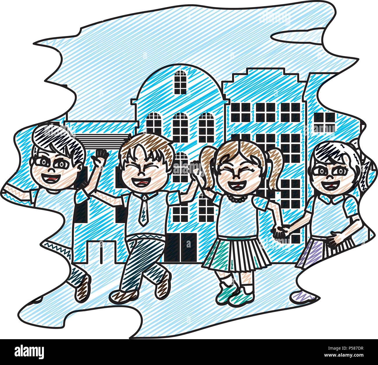 doodle cute children students together in the school vector ...