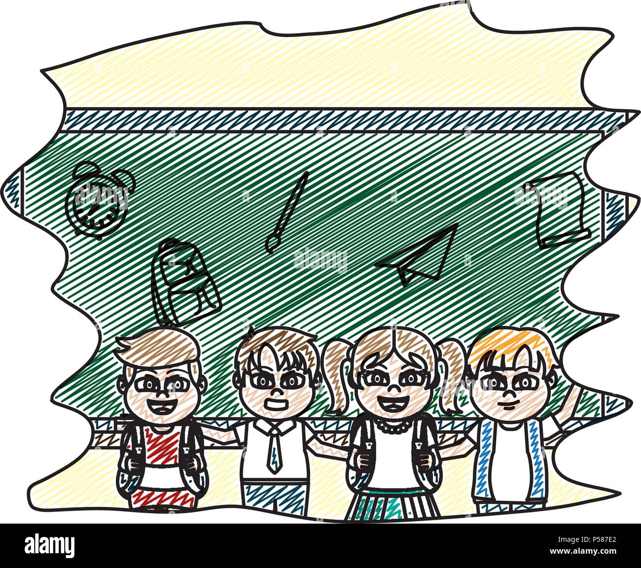doodle girl and boys together in the backboard classroom vector ...