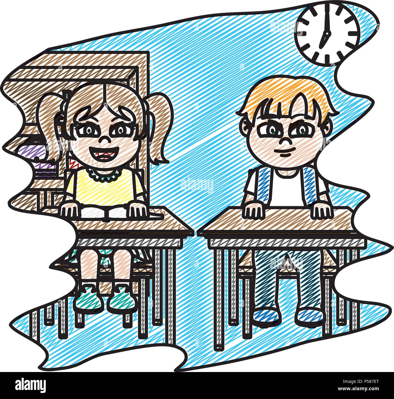 doodle girl and boy students sitting desk vector illustration Stock ...