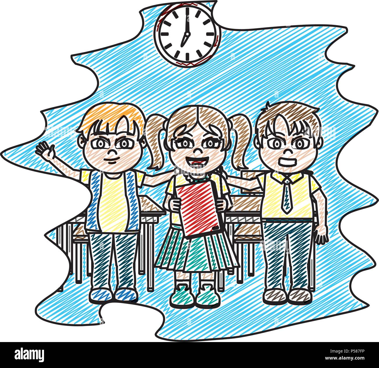 doodle students together in the classroom with clock and desks vector ...