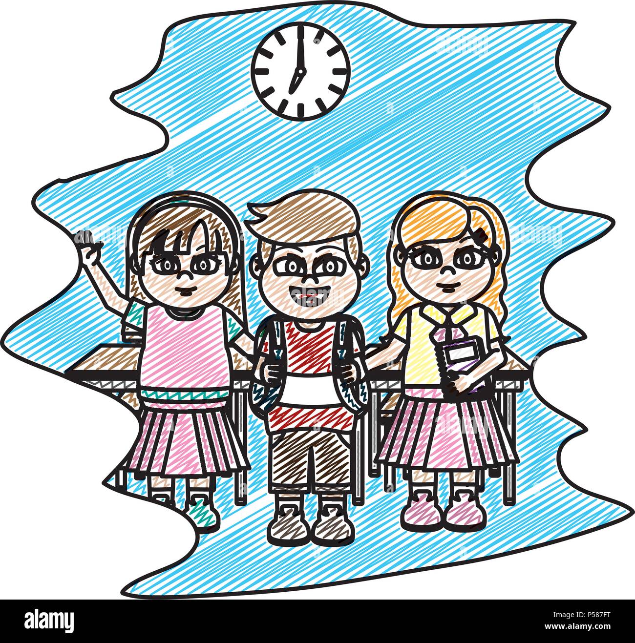 doodle happy students with school utensils in the classroom vector ...