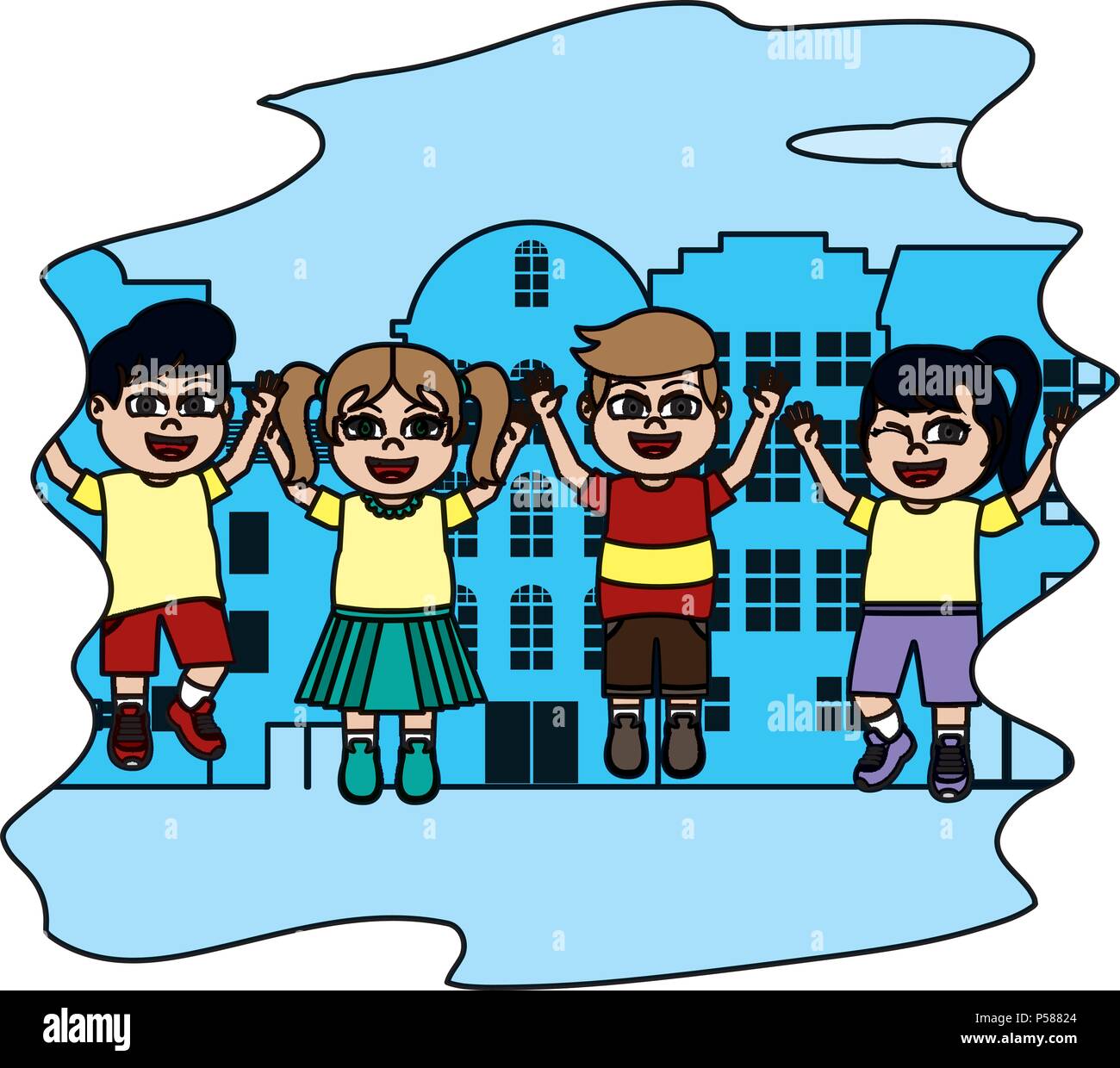 color happy children jumping in the city urban vector illustration ...
