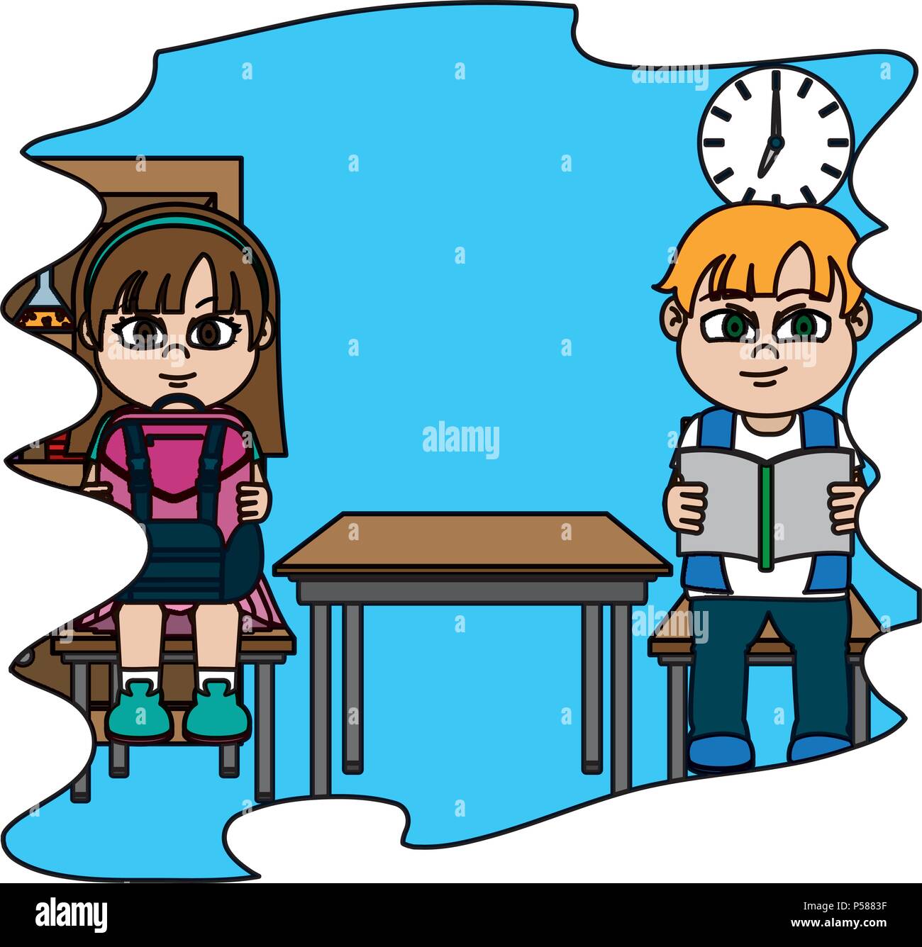 color children students sitting chair and desk vector illustration ...