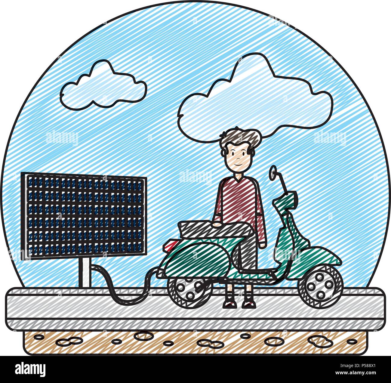 doodle man charging motorcycle with solar energy vector illustration ...