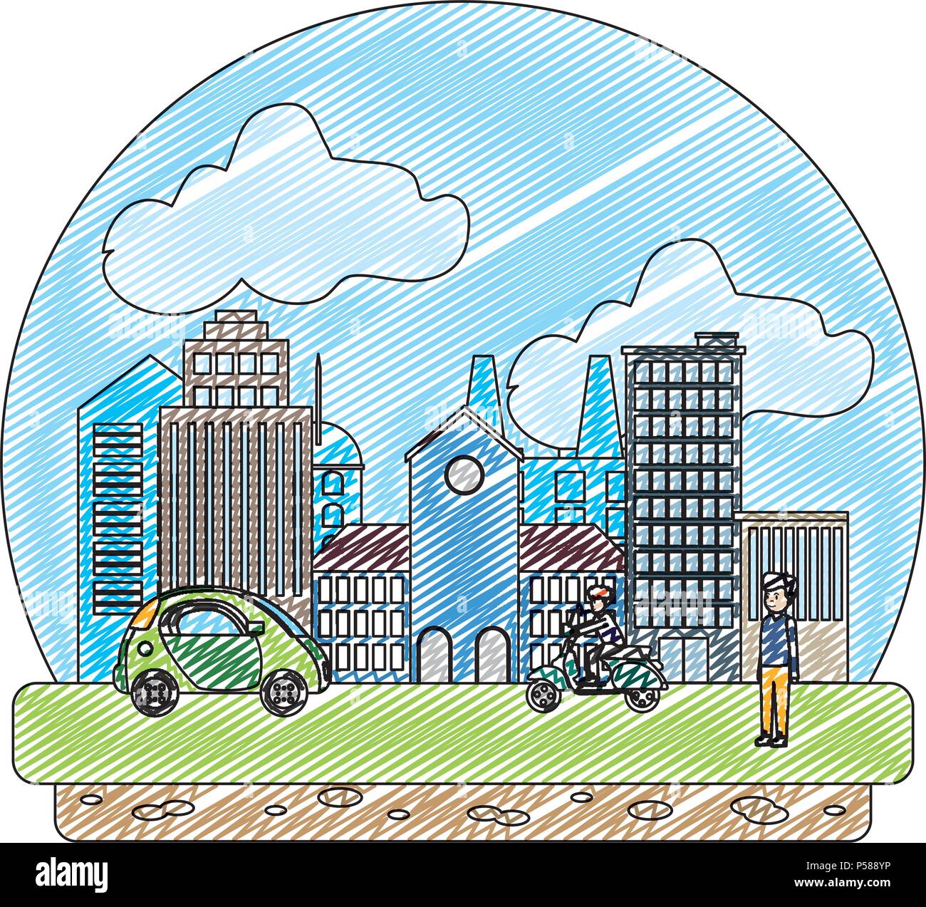 doodle ecology city building to care environment vector illustration ...