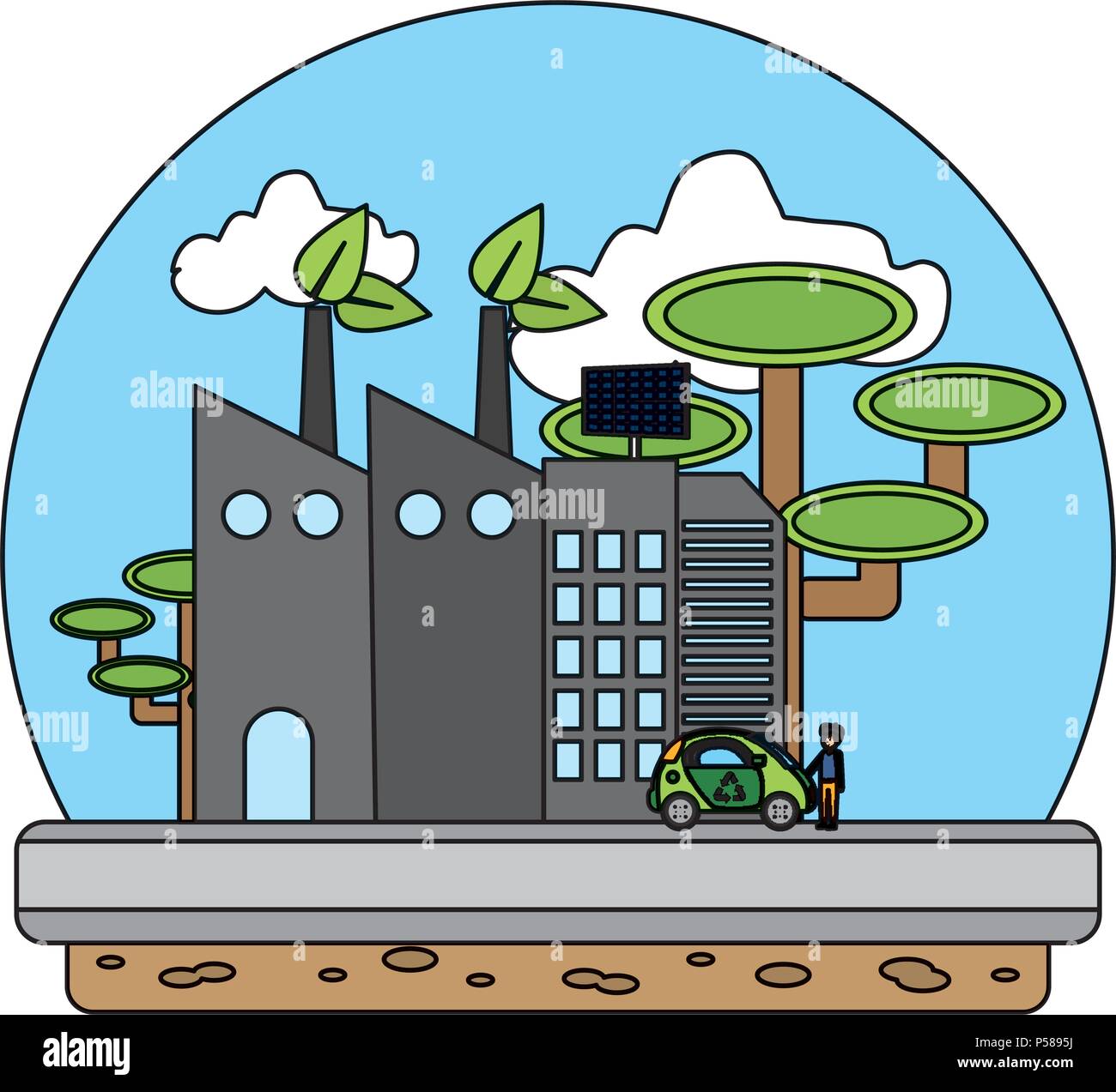 color ecology factory with solar energy and trees vector illustration ...