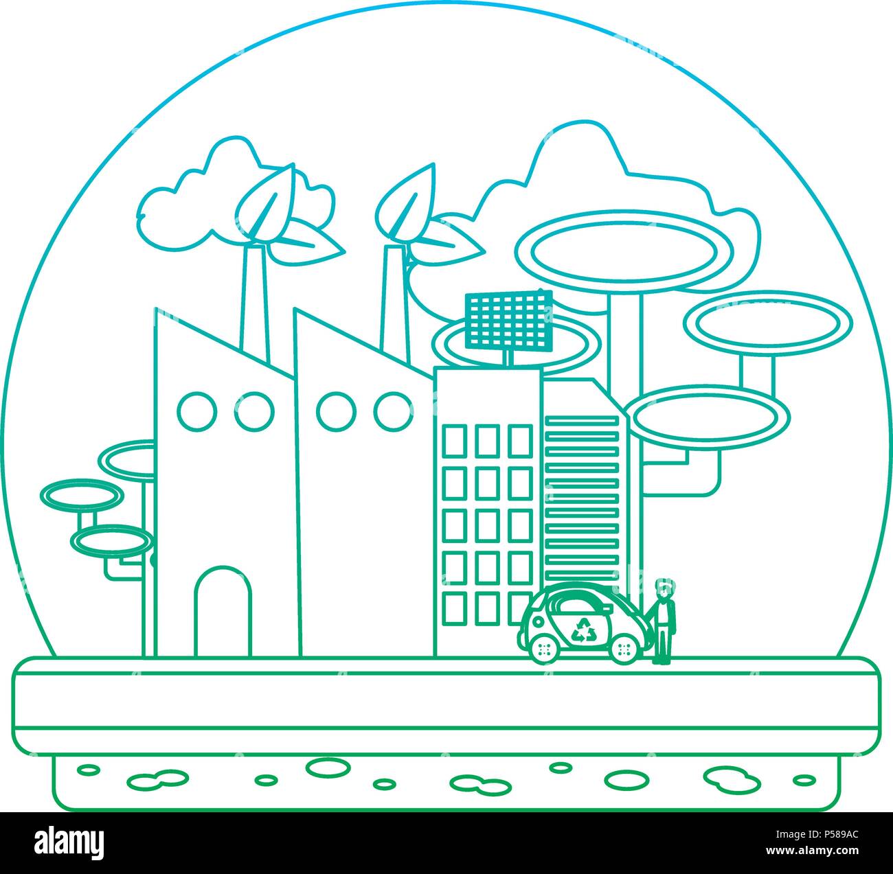 degraded line ecology factory with solar energy and trees vector ...