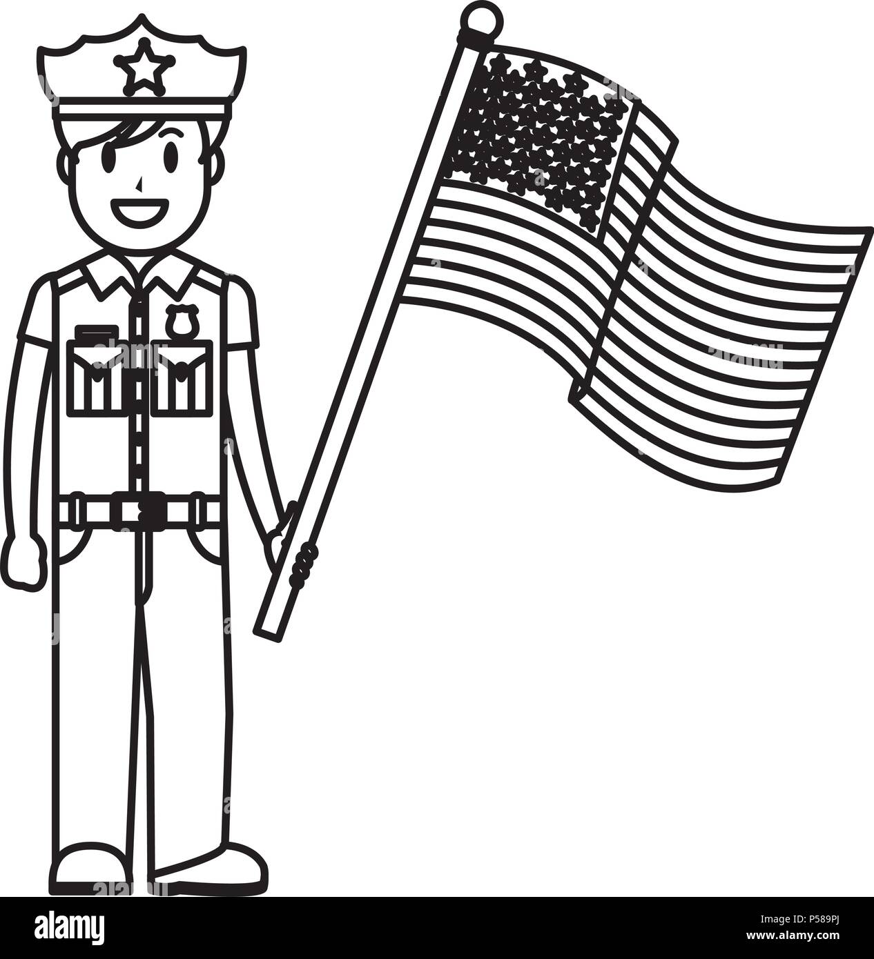 line policeman with uniform and america usa flag vector illustration ...