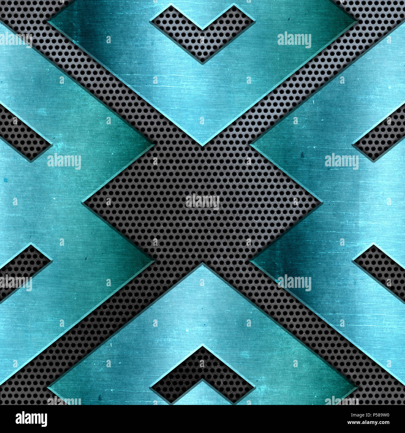 Abstract background with shiny teal metal on a perforated metallic ...