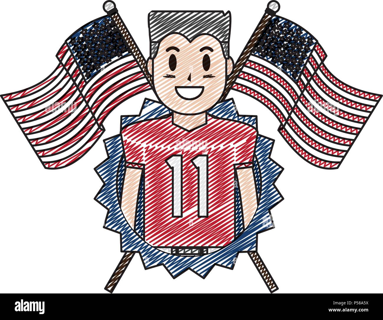 doodle football player with patriotic usa flags and emblem vector ...